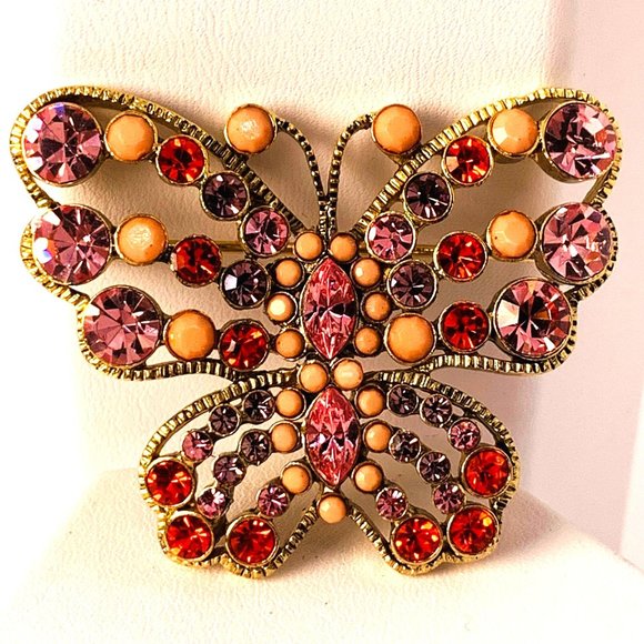 Jewelry | Rhinestone Butterfly Brooch Gold Tone Setting Etched ...